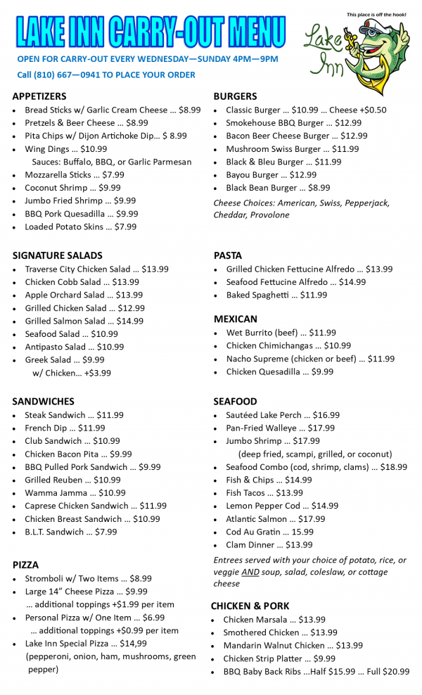 Lake Inn Carry-out Menu - 2020 - Lake Inn Lapeer